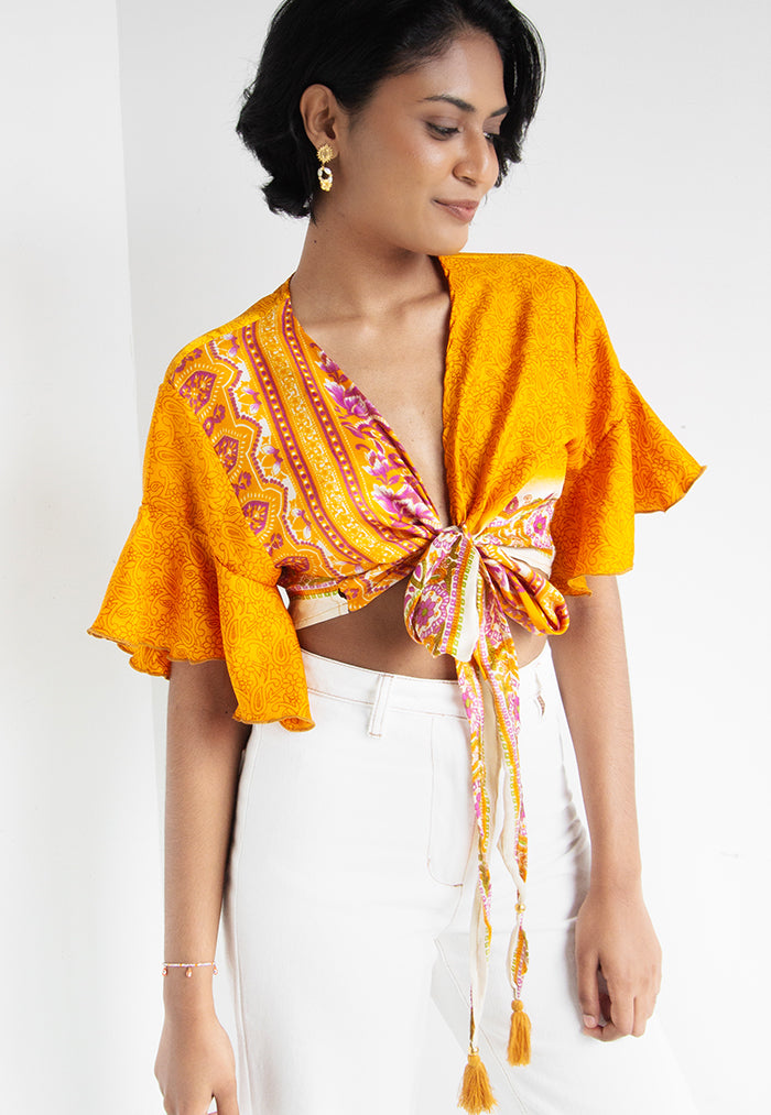 Raja Rani Upcycled Silk Short Sleeves Wrap Top - Saffron – theWYLDshop
