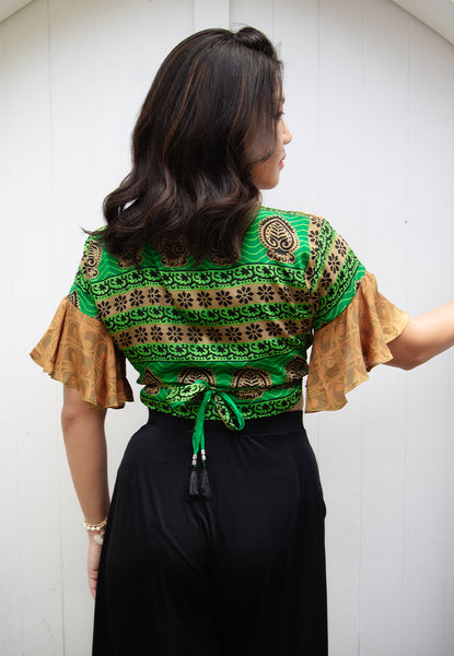 Raja Rani Upcycled Silk Short Sleeves Wrap Top - Kiwi – theWYLDshop