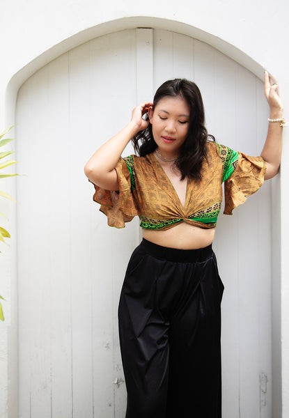 Raja Rani Upcycled Silk Short Sleeves Wrap Top - Kiwi – theWYLDshop